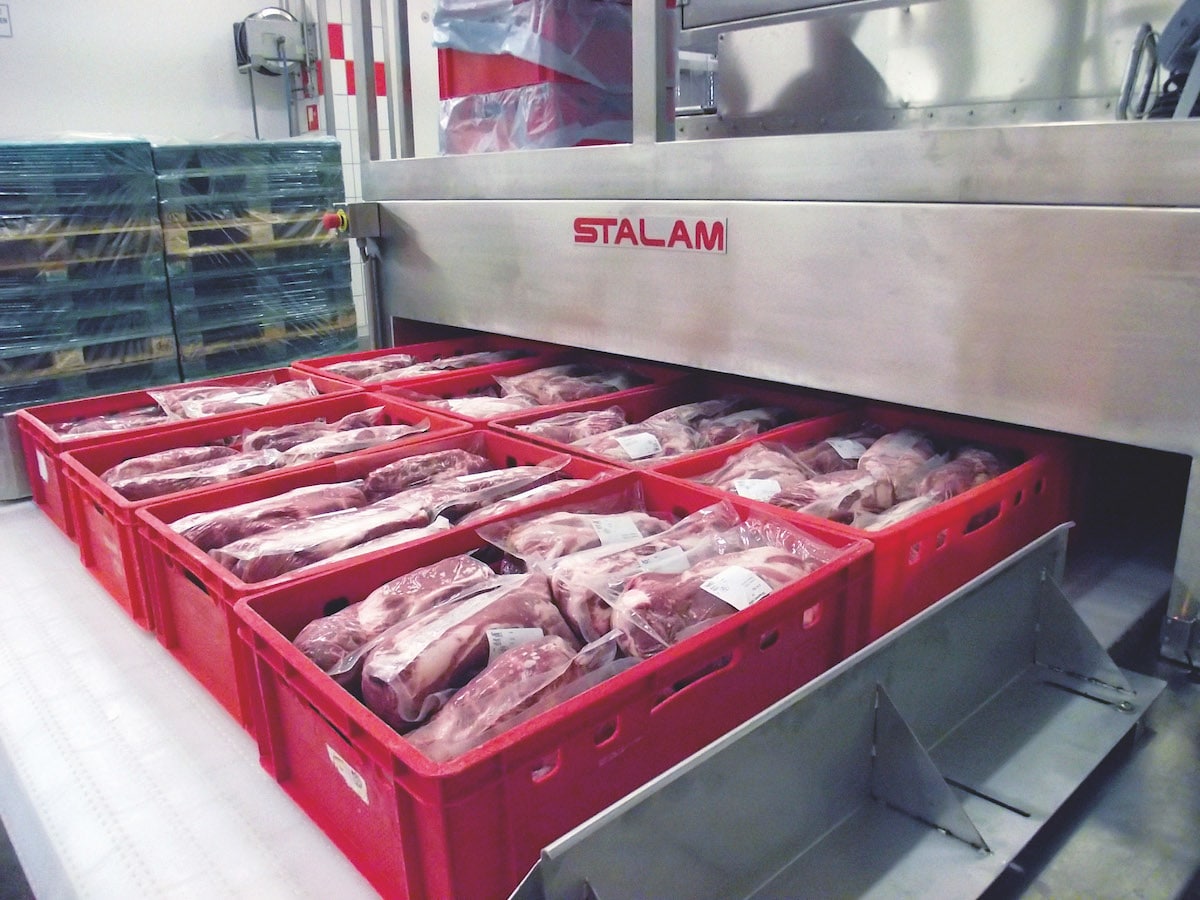 Rapid in-line tempering for meat, poultry, seafood, fruits, and vegetables